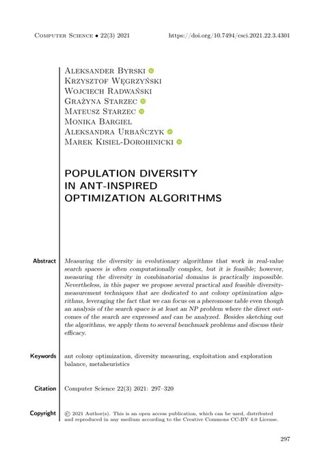 Pdf Population Diversity In Ant Inspired Optimization Algorithms