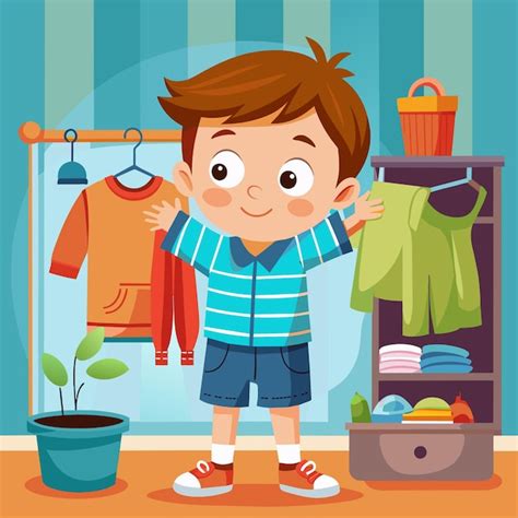Niño Lindo Con Ropa Vestirse Actividad De Rutina Diaria Foto Premium