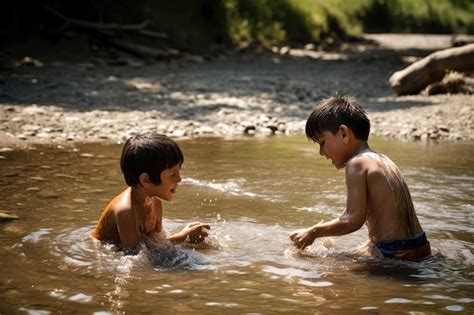 Niños Pequeños Refrescándose En Un Río Contaminado En Un Caluroso Día