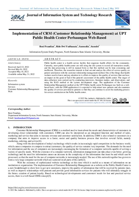 Pdf Implementation Of Crm Customer Relationship Management At Upt Public Health Center