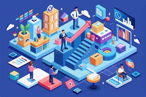 People Collaborate In An Isometric Workspace Showcasing Graphs Tools And Diverse Activities