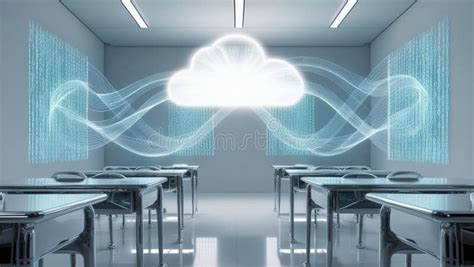 Futuristic Classroom With Holographic Screens And Binary Code Streams