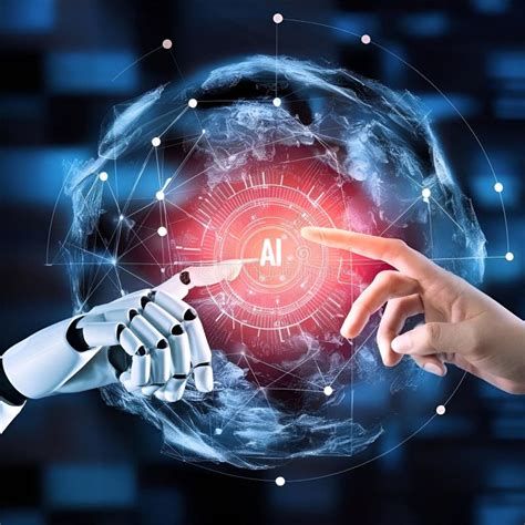 ai machine learning hands of robot and human touching big data of global network connection