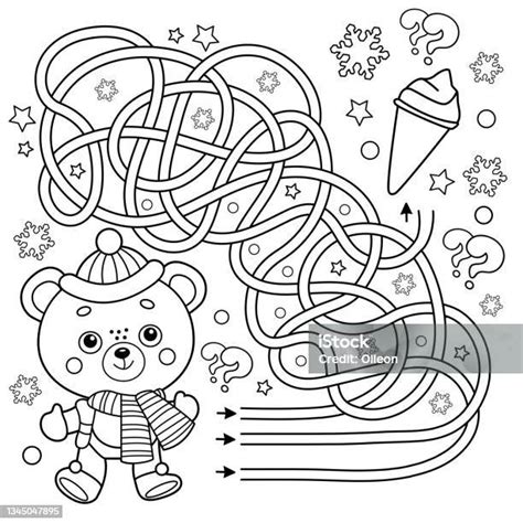 미로 또는 미로 게임 수수께끼 얽힌 도로 색칠 페이지 아이스크림작은 장난감 곰의 윤곽선 겨울 아이들을위한 색칠 공부 0명에 대한