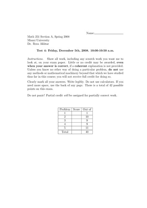 Test 1 With Solutions Calculus Ii Mth 251 Exams Calculus Docsity