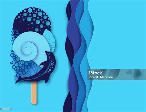 종이 아이스크림 돌고래 바다 물결 산호와 바다 포탄의 만든 여름 비치 휴가의 개념입니다 종이 잘라 현대적인 디자인 여름에 대한