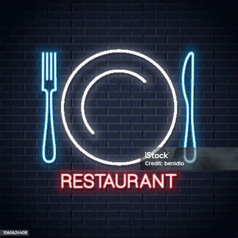 포크와 나이프 네온 사인으로 플레이트입니다 레스토랑 네온 로고 벽 배경 네온에 대한 스톡 벡터 아트 및 기타 이미지 네온 포크 부엌 칼 Istock