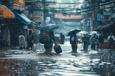 People In Asia Evacuating Flooded Urban Areas With Luggage Premium Ai