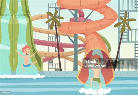 워터 파크 게임 어린이 수영 점프와 물 야외 수영장에서 재생에 대 한 재미 있는 명소 벡터 만화 배경 워터 파크에 대한 스톡 벡터 아트 및 기타 이미지 Istock