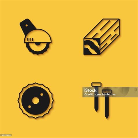 긴 그림자와 전기 원형 톱 금속 손톱 원형 블레이드와 나무 빔 아이콘을 설정합니다 벡터 Rotary International에