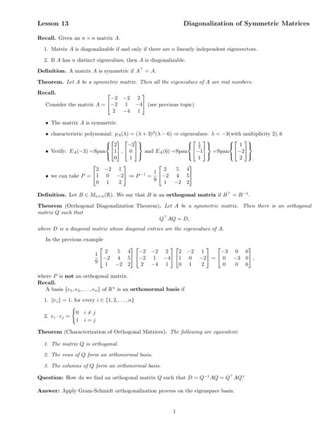 Diagonalization Of Symmetric Matrices Lecture Notes
