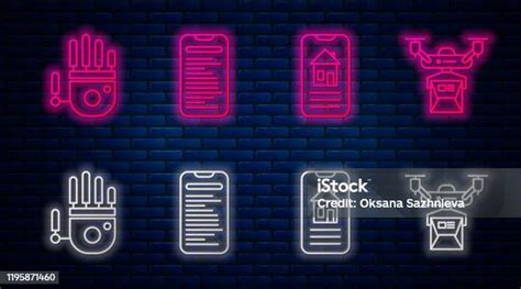 설정 라인 컴퓨터 Api 인터페이스 스마트 홈 기계 로봇 손과 무인 항공기 배달 개념 벽돌 벽에 빛나는 네온 아이콘입니다 벡터 과학에 대한 스톡 벡터 아트 및 기타 이미지