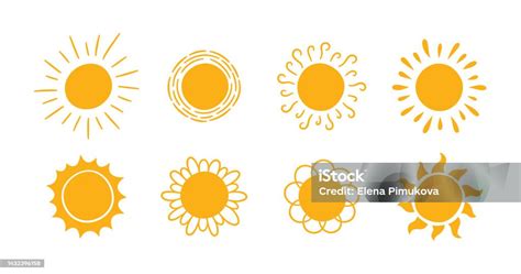 낙서 다른 태양 아이콘 세트 광선 기호로 노란 태양을 낙서하십시오 낙서 어린이 그림 컬렉션 손으로 그린 버스트 더운 날씨 표시 흰색 배경에 고립된 벡터 일러스트 레이 션