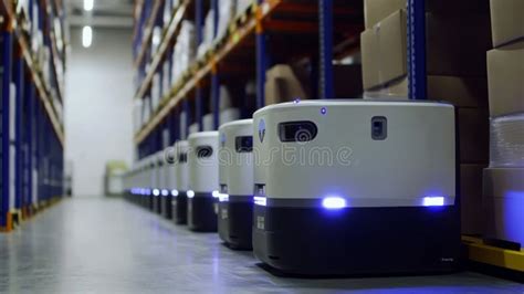 Warehouse Robots Autonomously Navigating Through Storage Facility Stock Image Image Of