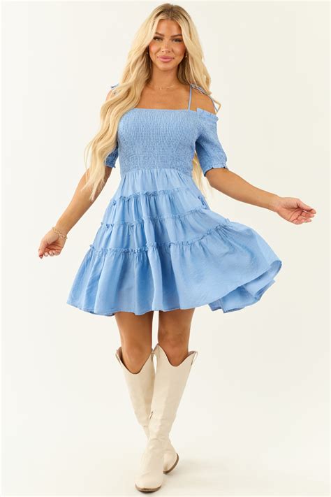 Powder Blue Smocked Top Off Shoulder Mini Dress Lime Lush Boutique