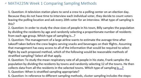 Solved Math225n Week 1 Comparing Sampling Methods