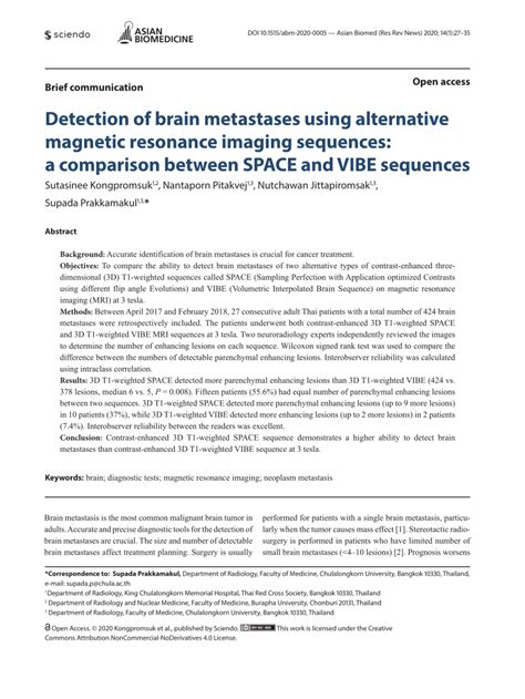 Pdf Detection Of Brain Metastases Using Alternative Magnetic Resonance Imaging Sequences A
