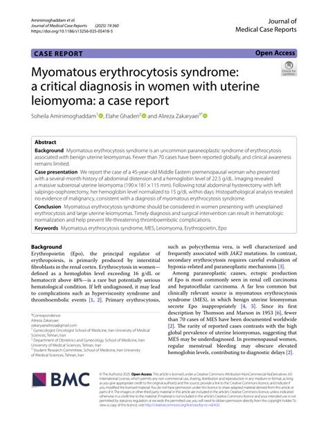 Pdf Myomatous Erythrocytosis Syndrome A Critical Diagnosis In Women With Uterine Leiomyoma A