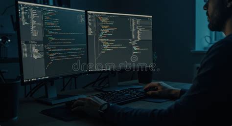 Programmer Coding On Dual Monitors Stock Illustration Illustration Of