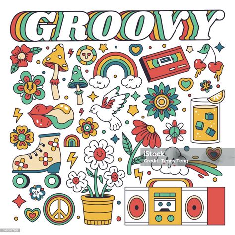 히피 복고풍 스티커 그루비 꽃 무지개 및 버섯 사이키델릭 히피 배지 평면 만화 벡터 기호 그림 세트 재미있는 스티커 컬렉션 여름에 대한 스톡 벡터 아트 및 기타 이미지