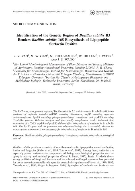 Pdf Identification Of The Genetic Region Of Bacillus Subtilis B3 Renders Bacillus Subtilis 168