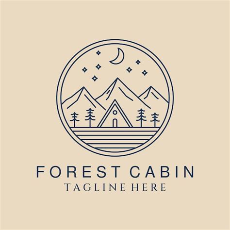 산과 오두막 라인 아트 로고 아이콘 및 기호 숲과 상징 벡터 일러스트 레이 션 디자인 나무 프리미엄 벡터