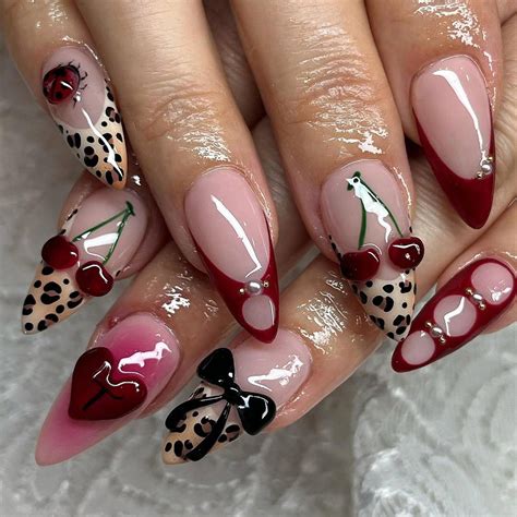 Luxury Cherry Leopard Press On Nails Cherry Leopard And Pearl Nail