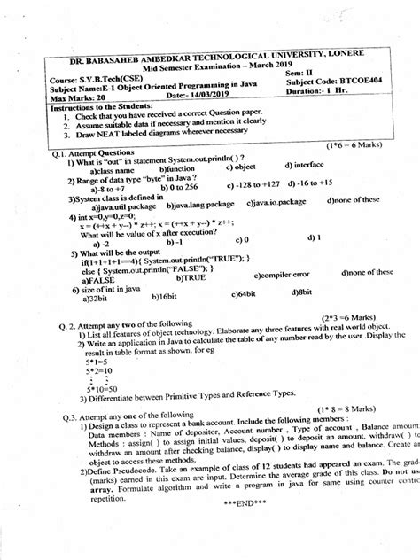 Btech 2 Sem Object Oriented Programming In Java Btcoe404 Mar 2019 Pdf