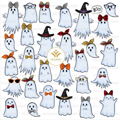 Cute Ghosts With Hat Bow And Glasses Halloween Clip Art In Png File