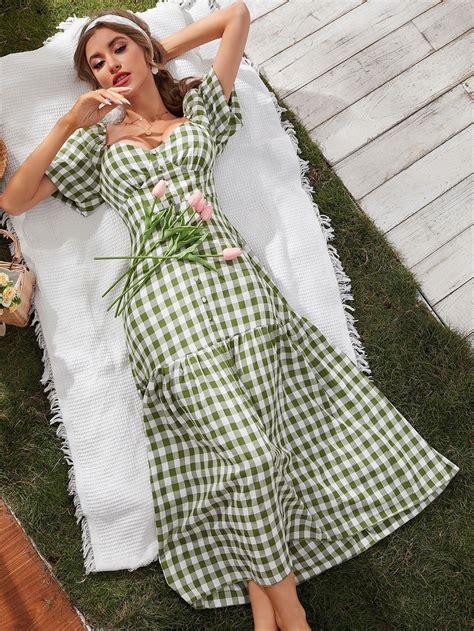 Sweetheart Neck Ruffle Hem Gingham Dress Green Plaid Summer Dress For