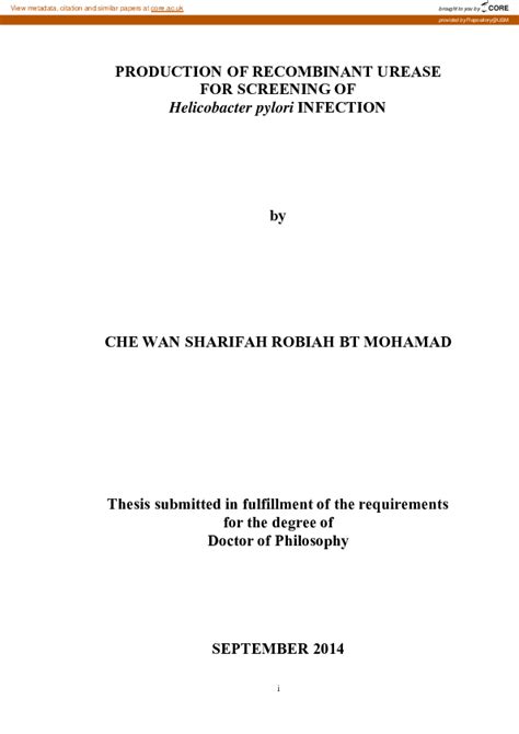 Pdf Production Of Recombinant Urease For Screening Of Helicobacter Pylori Infection