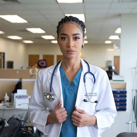 A Woman Wearing A White Lab Coat With The Word Lab On It Premium Ai