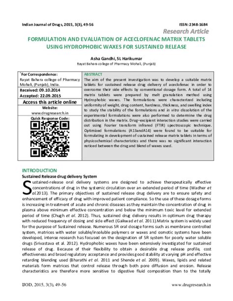 Pdf Formulation And Evaluation Of Aceclofenac Matrix Tablets Using Hydrophobic Waxes For