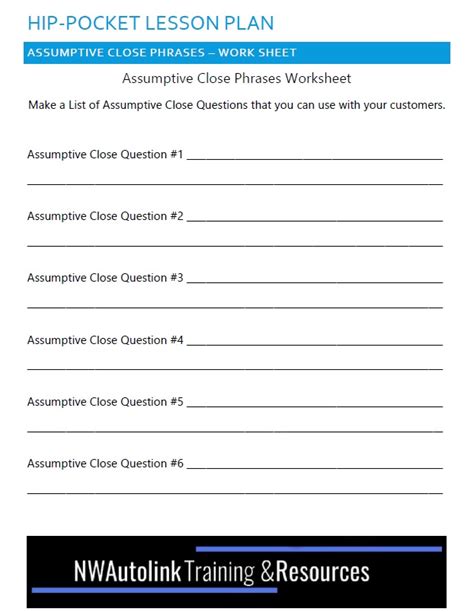 Hip Pocket Lesson Plan Assumptive Closing Phrases Work Sheet Nwautolink