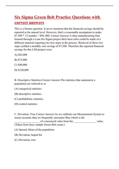 Six Sigma Green Belt Practice Questions With Correct Answers Six Sigma Green Belt Stuvia Us