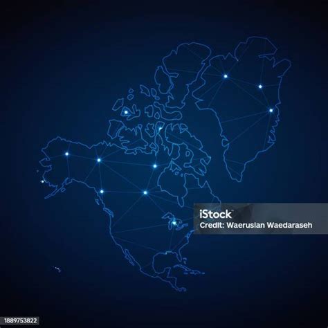 추상 Wireframe 메쉬 다각형 지도 와 북아메리카 대륙 와 빛 와 도시 통하고 있는 진한 파란색 배경 벡터 일러스트 레이 션 Eps10 0명에 대한 스톡 벡터 아트 및