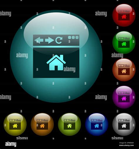 Browser Home Page Icons In Color Illuminated Spherical Glass Buttons On Black Background Can Be