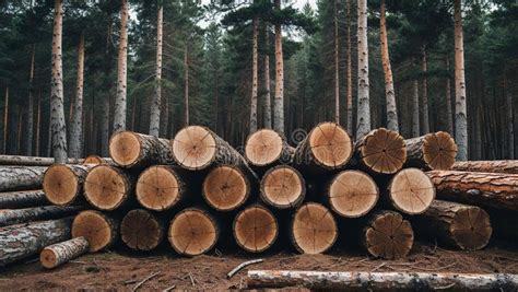 Pile Of Logs In Forest Shows Deforestation Threatening Ecosystem Stock Illustration