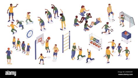 Isometric Physical Education Lesson Set Of Isolated Icons With Adult