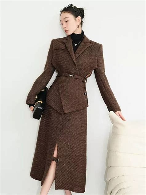 Ucxq Vintage Office Lady Lace Up Woolen Two Piece Elegant Notched Cross Woolen Coat With Belt