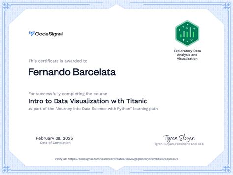 Course Certificate For Intro To Data Visualization With Titanic Fernando Barcelata