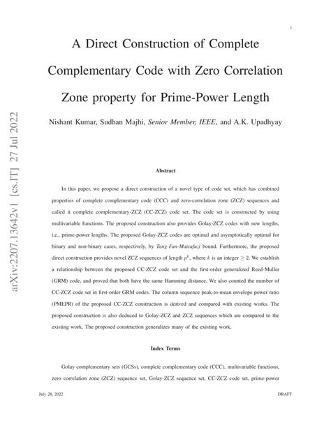 A Direct Construction Of Complete Complementary Code With Zero