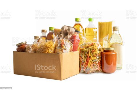 기부 보관 및 배달을위한 식품 골판지 상자에 다양한 음식 파스타 식도유 및 통조림 식품 배달에 대한 스톡 사진 및 기타 이미지