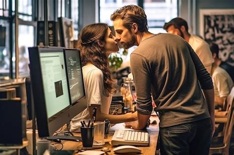 Premium Photo A Man And A Woman Programmers Kissing In Front Of A