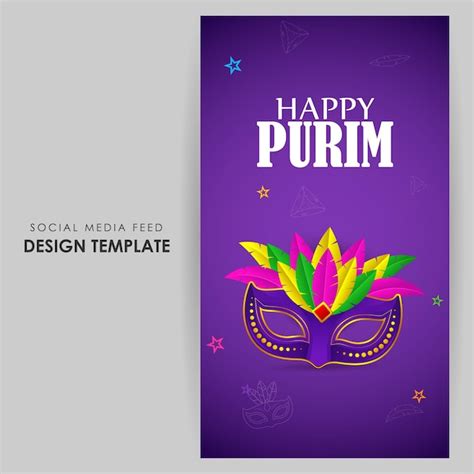 Happy Purim 소셜 미디어 스토리 피드 목업 템플릿의 벡터 그림 프리미엄 벡터