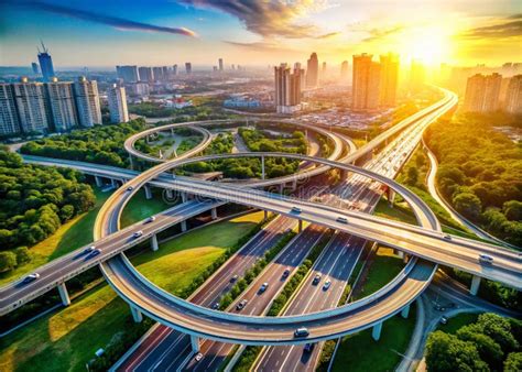 Stunning Aerial Perspective Of A Modern Citys Circular Overpass Highway Intersection Urban