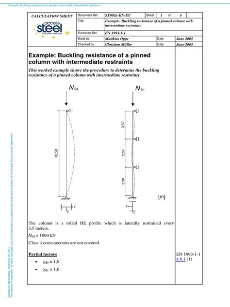 Example Buckling Resistance Of A Pinned Column With Intermediate Restraints Pdf Buckling