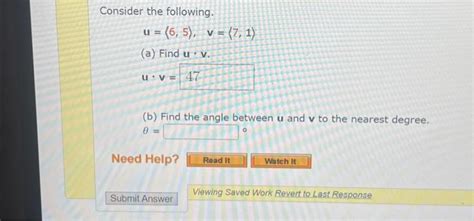 Solved Consider The Following U 65v 71 A Find U⋅v