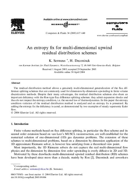 Pdf An Entropy Fix For Multi Dimensional Upwind Residual Distribution Schemes