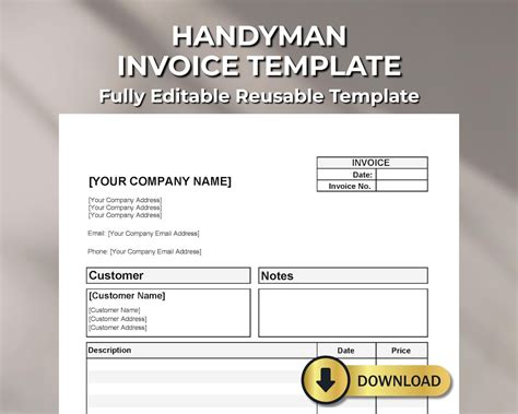 Handyman Invoice Template Fillable Pdf Word Excel Numbers Etsy